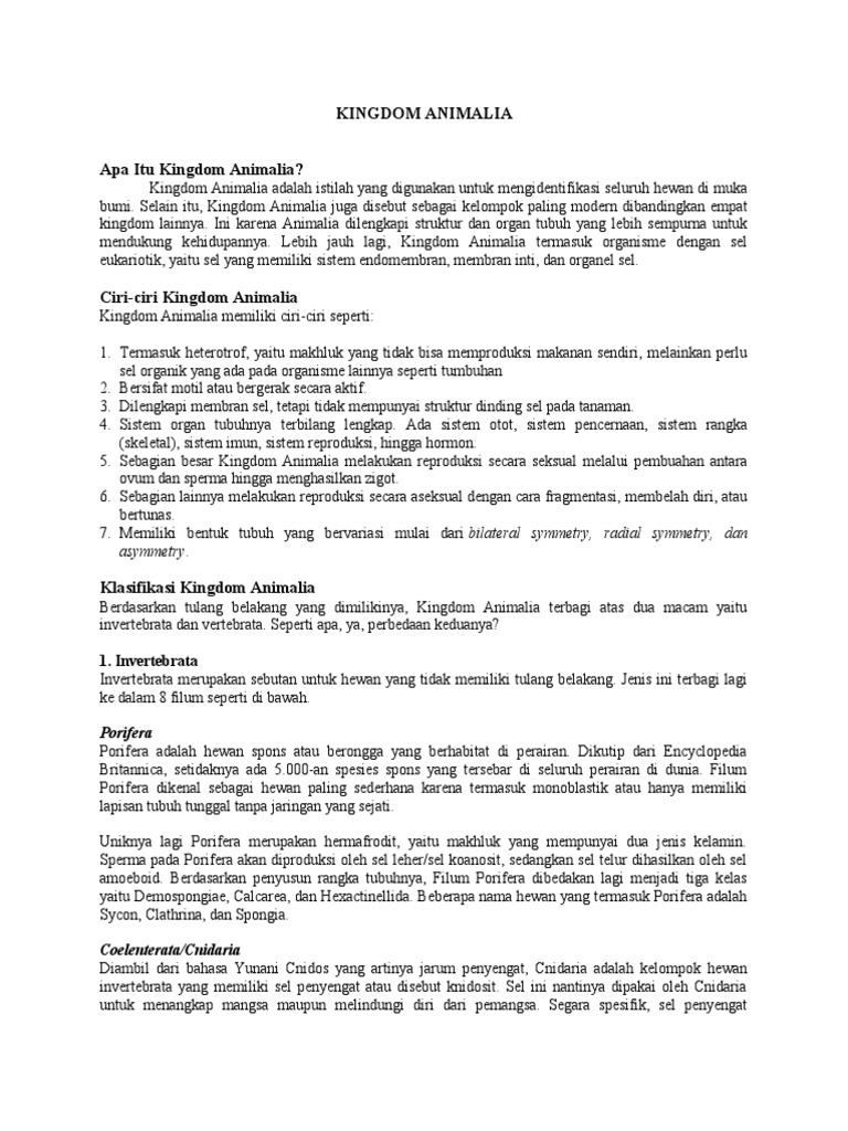Klasifikasi dan Ciri Kingdom Animalia | PDF