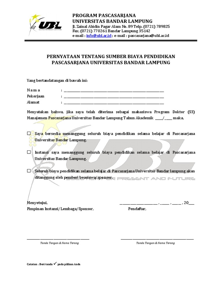 Form Pernyataan Sumber Biaya Pendidikan S3 UBL | PDF