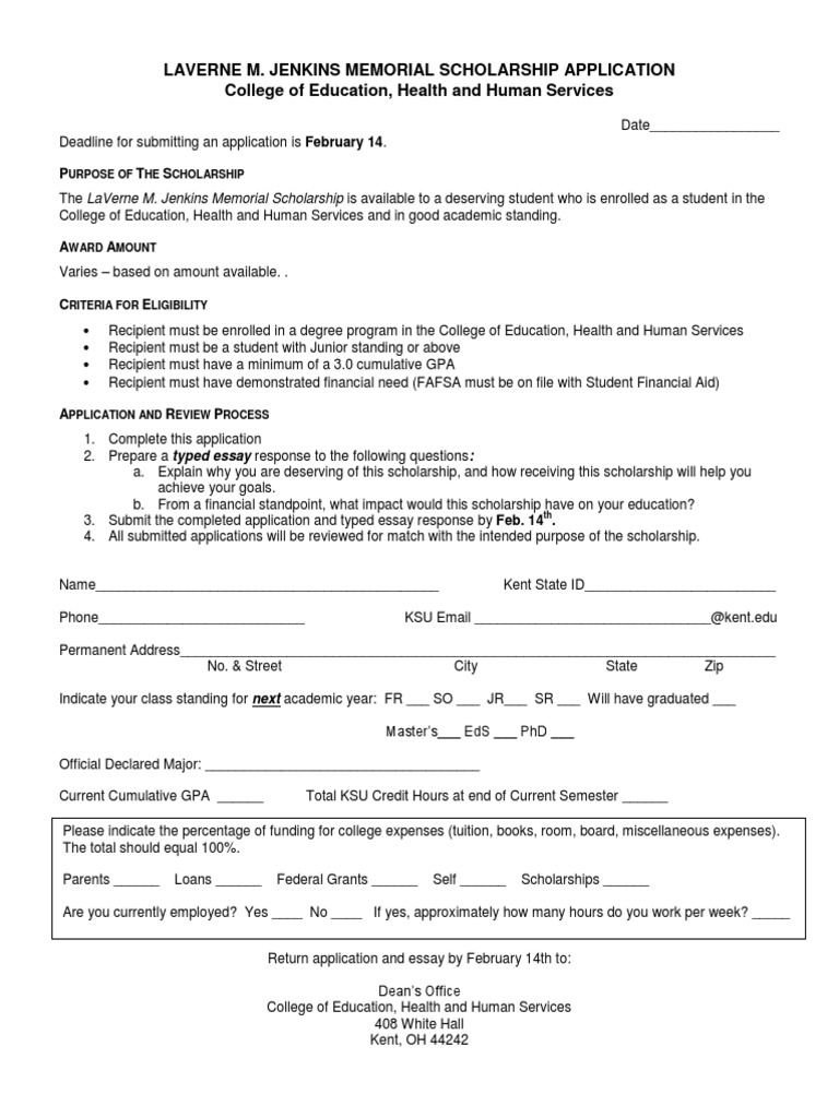 Laverne M. Jenkins Memorial Scholarship Application | PDF | Academia ...