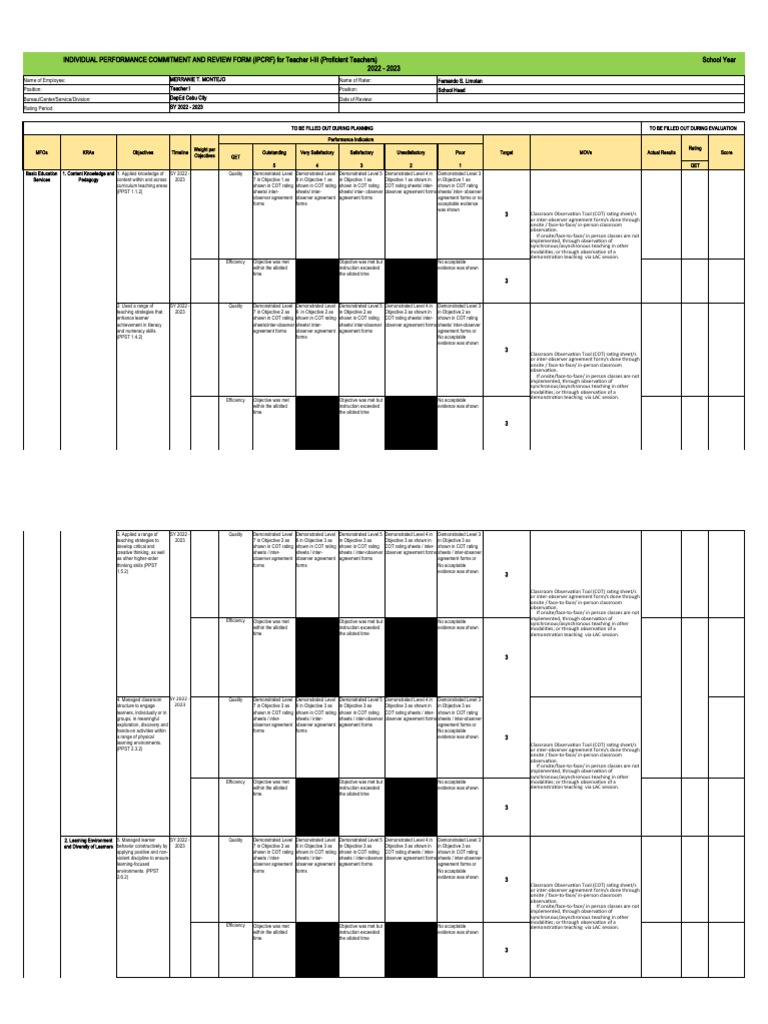 IPCRF RPMS Teacher I III SY 2022 2023 Target | PDF | Learning | Teachers