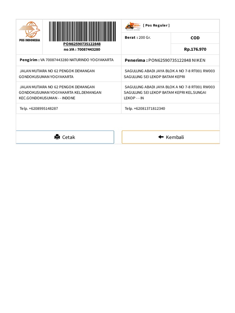 Contoh Resi POS Sistem COD PosAja | PDF