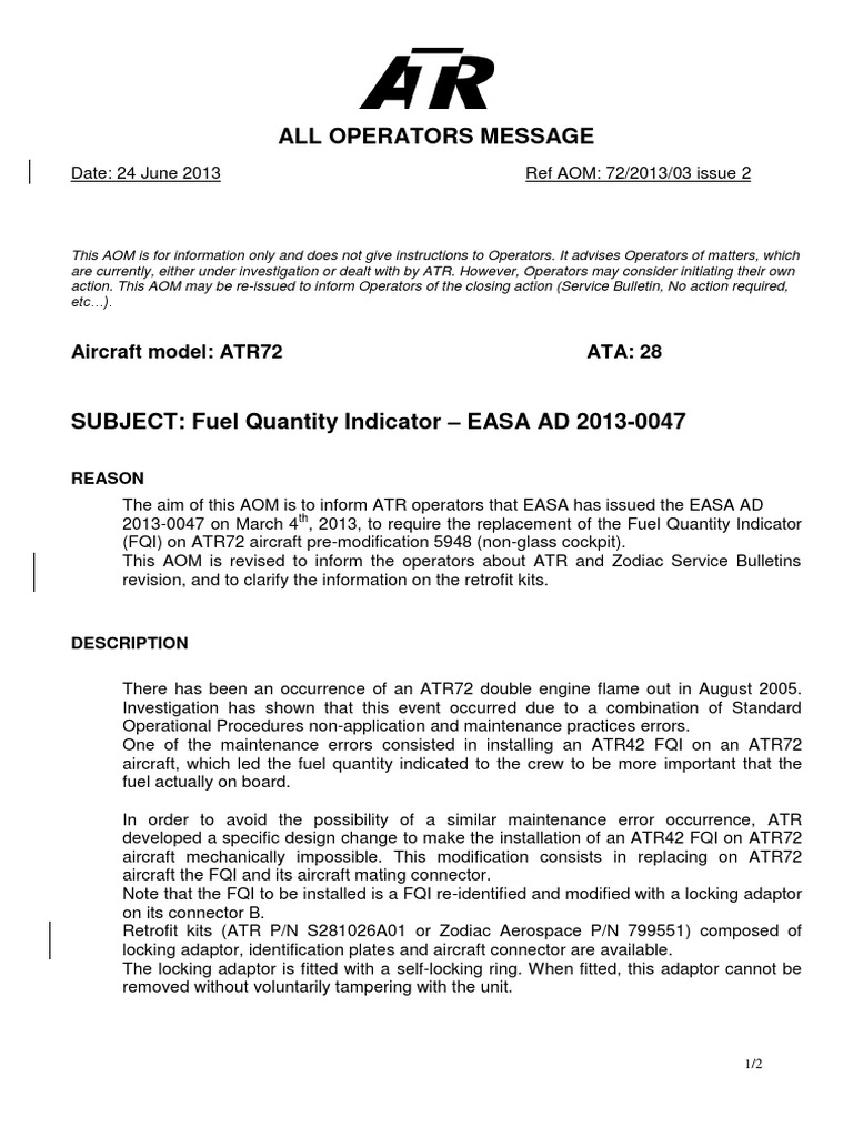 ATR72 Fuel Indicator Replacement Notice | PDF | Aviation | Transport