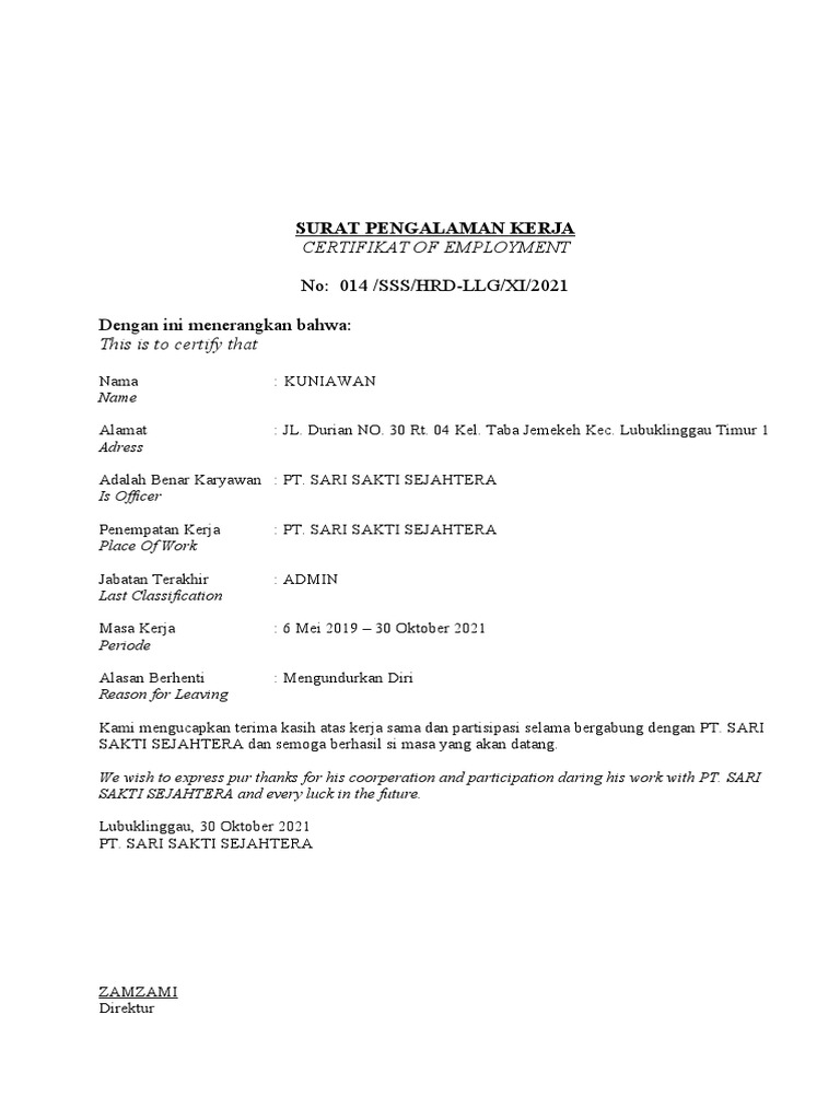 Surat Pengalaman Kerja Karyawan PT Sari Sakti | PDF