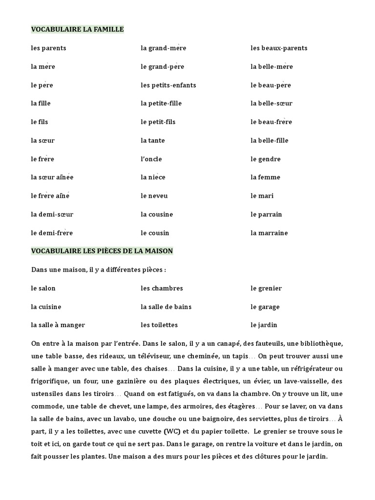 Vocabulaire de la famille et métiers | PDF | Accueil