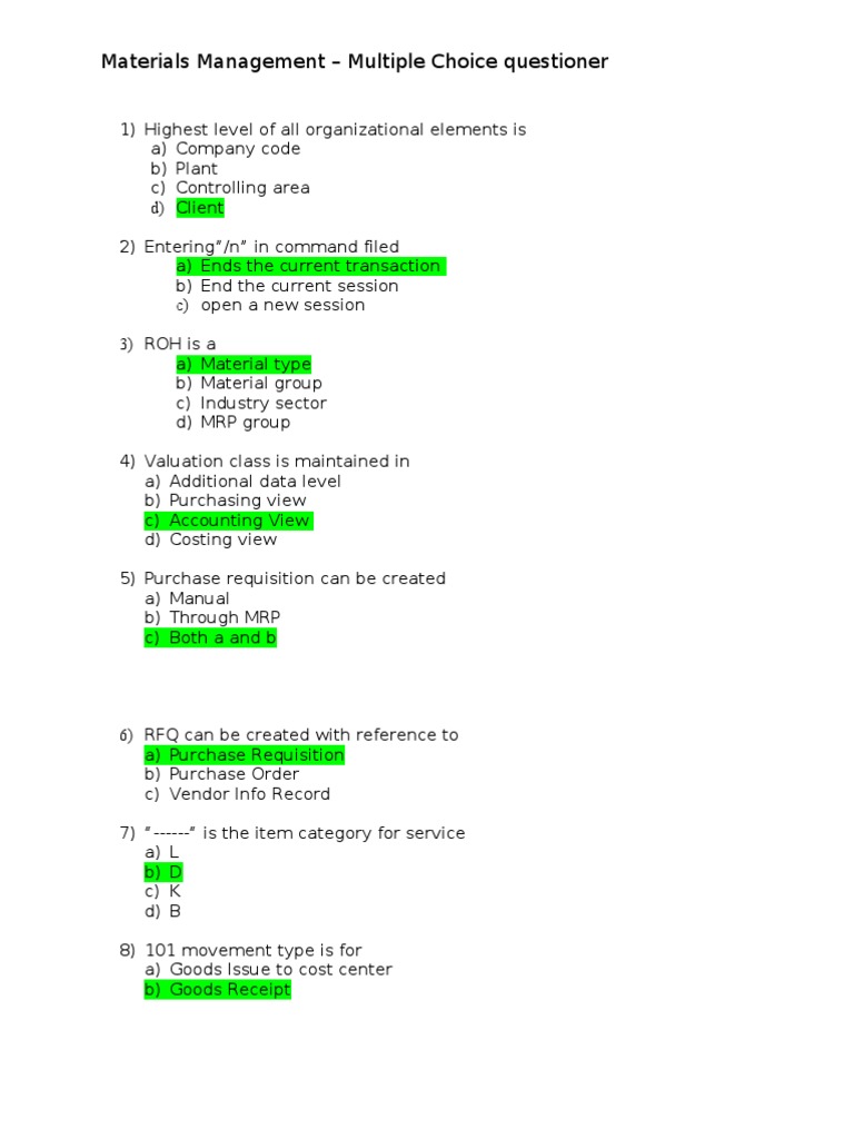Materials Management - Multiple Choice Questioner | PDF | Inventory ...