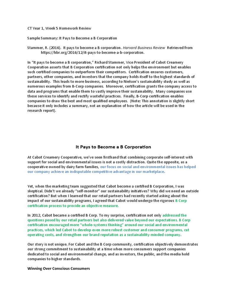 Comments and Sample Summary It Pays To Become A B Corporation | PDF ...
