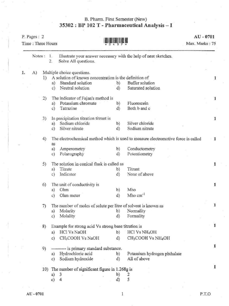 SGBAU B.Pharm 1 SEM Pharmaceutical-Analysis-I 2018 | PDF | Titration ...
