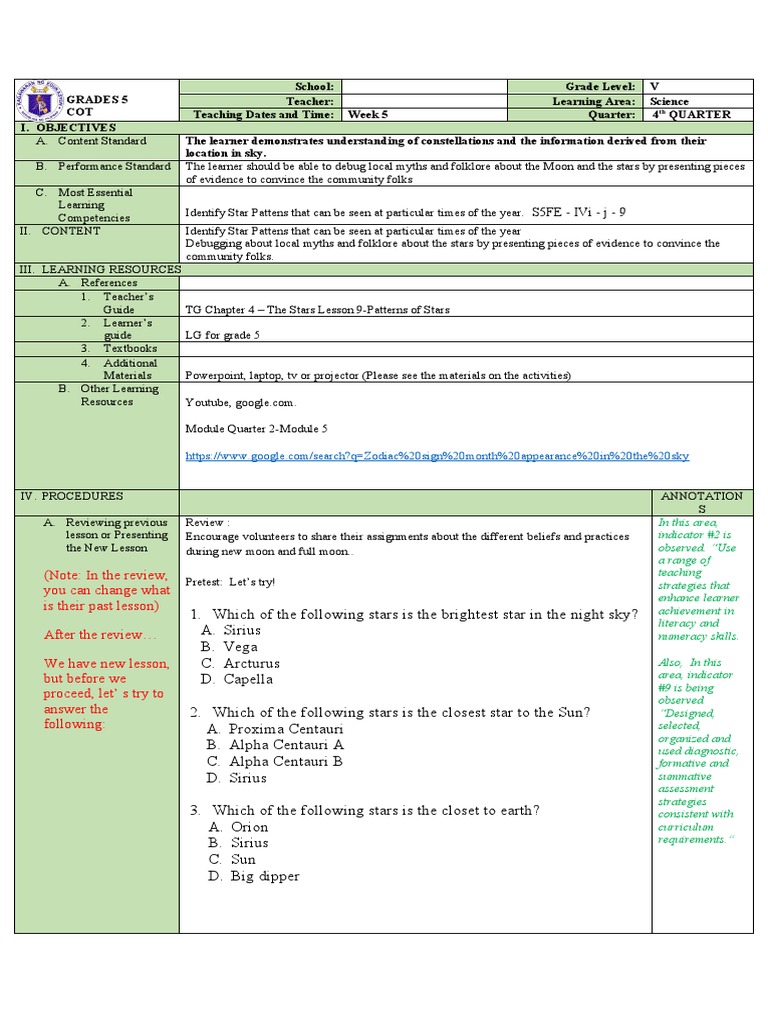 Identifying Star Patterns for Grade 5 | PDF