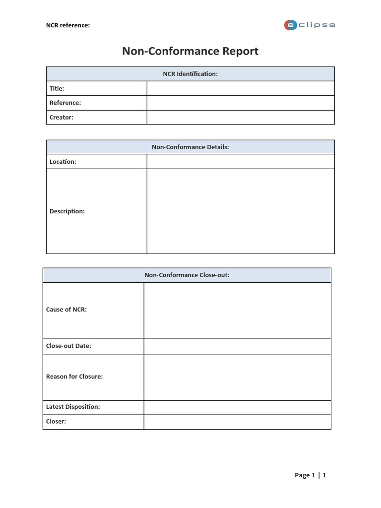 Non Conformance Report Template Simple | PDF
