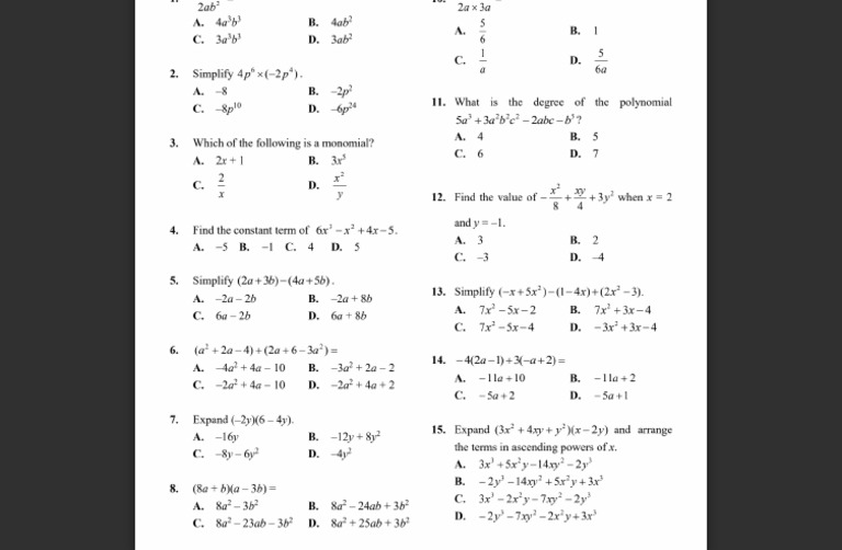 F1 Self-Checking MC Quiz Chapter 10 Manipulation of Simple Polynomials ...