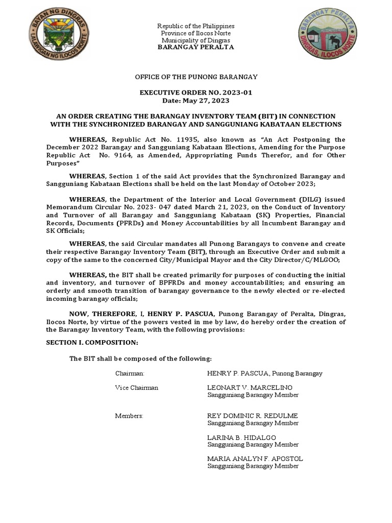 Barangay Inventory Team Creation Order | PDF | Justice | Crime & Violence
