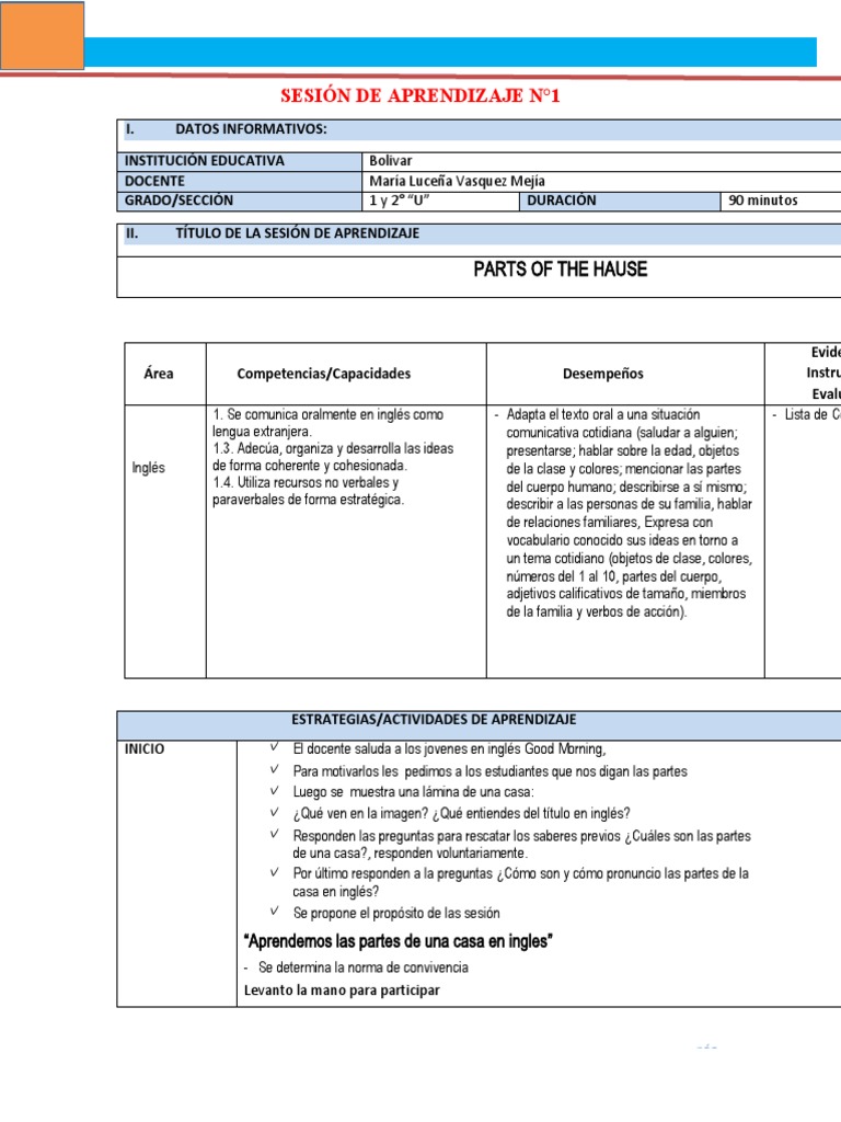 SESIÓN Las Partes de Una Casa | PDF | Aprendizaje | Idiomas