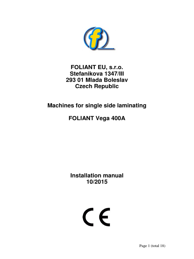 Foliant VEGA 400A Installation Manual | PDF | Paper | Pallet