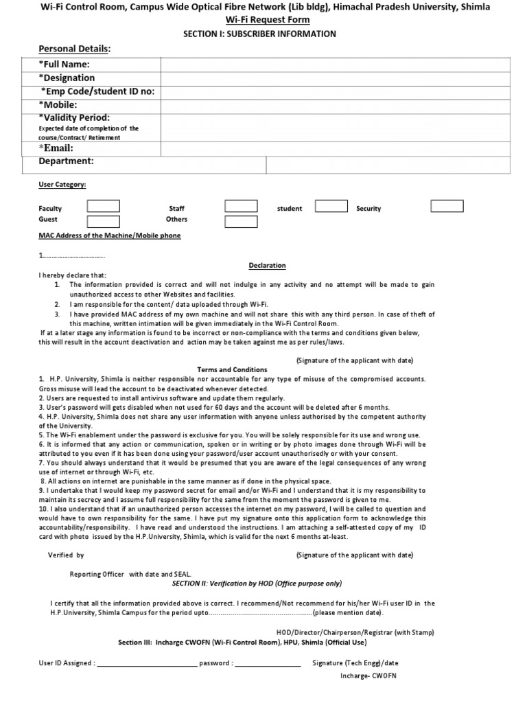 Wi-Fi Request Form - H.P. University | PDF | Wi Fi | Password