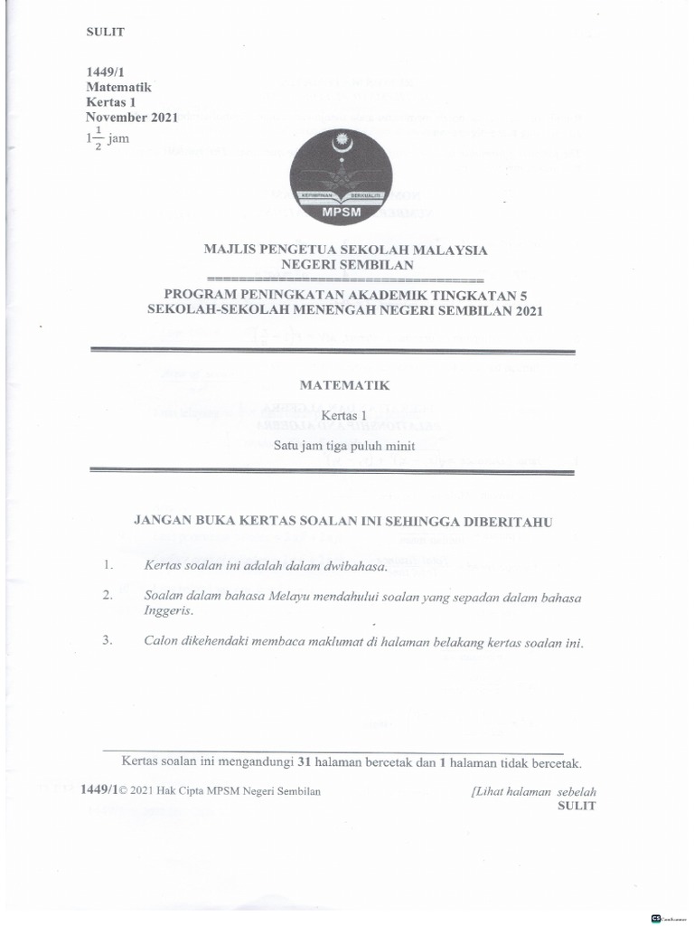 Matematik K1 N9 SPM 2022 | PDF