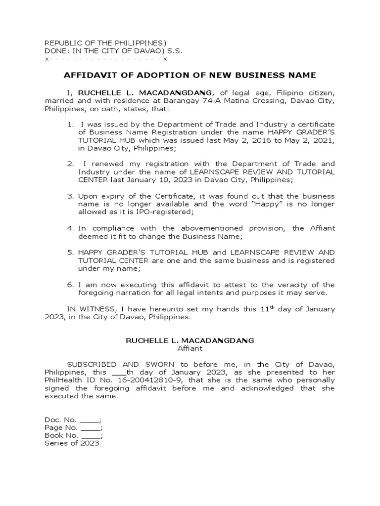 Affidavit of Adoption of New Business Name | PDF