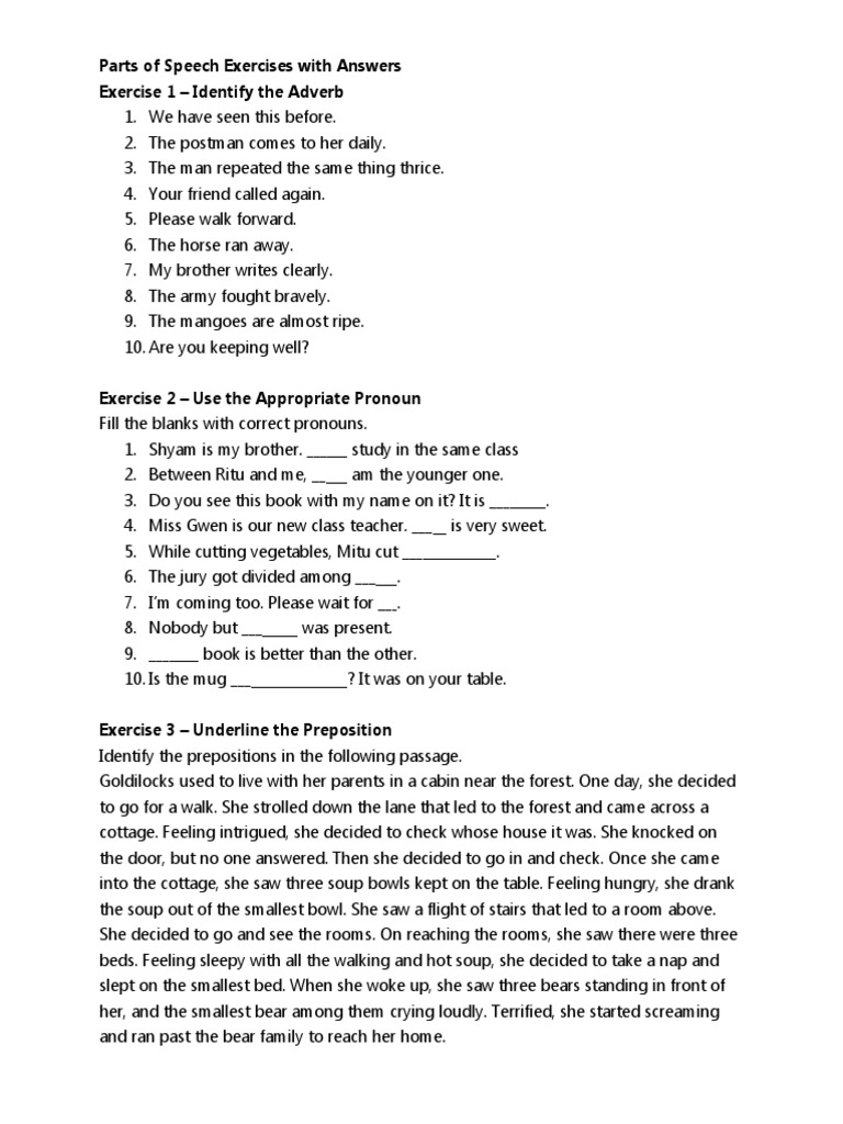 Parts of Speech Exercises With Answers | PDF | Linguistic Morphology | Grammar