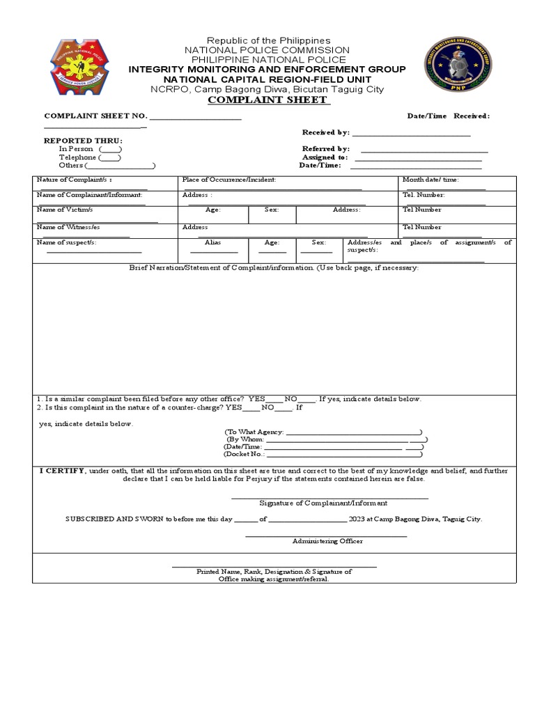 PNP Complaint Sheet Template | PDF | Government | Crimes