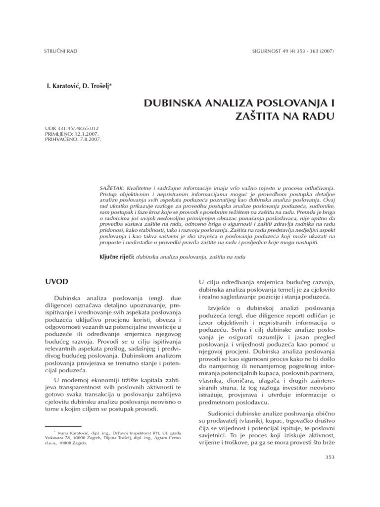 Dubinska Analiza Poslovanja I Zaštita Na Radu | PDF