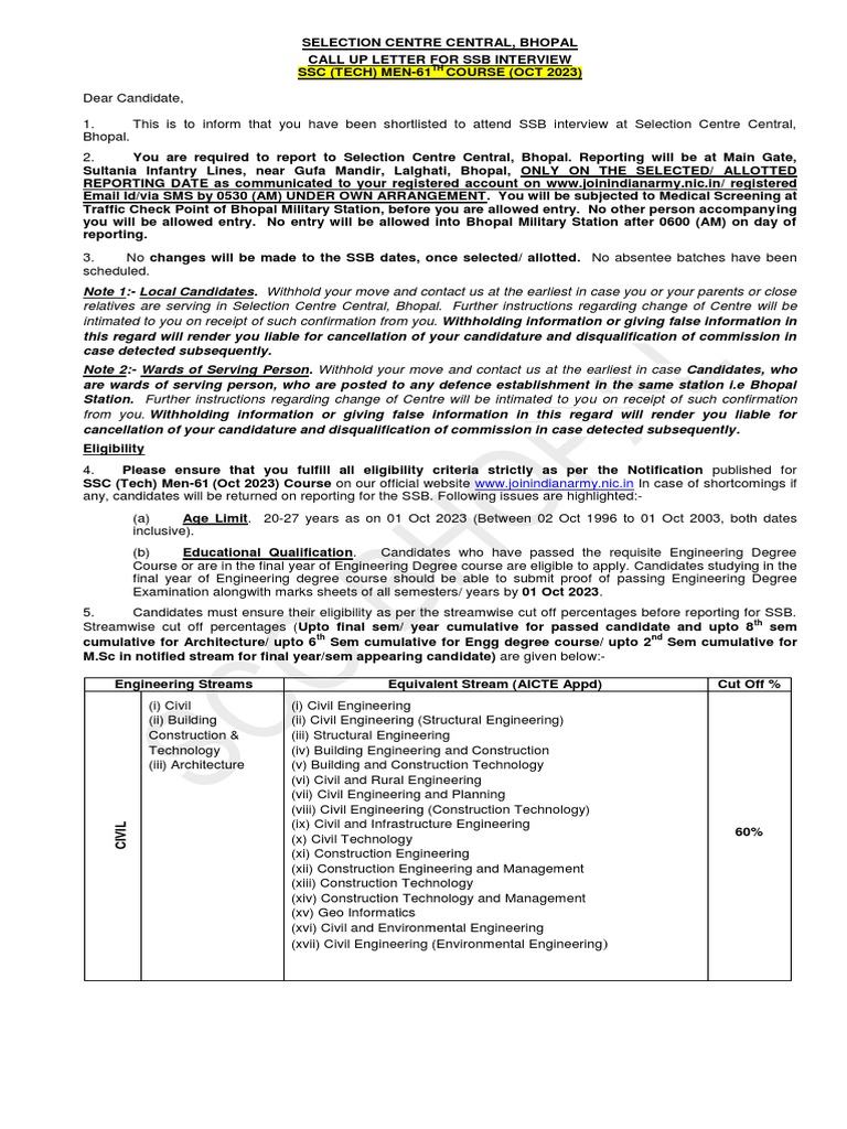 Call Up Letter SCC Bhopal For SSC (Tech) 61 Course | PDF | Identity ...