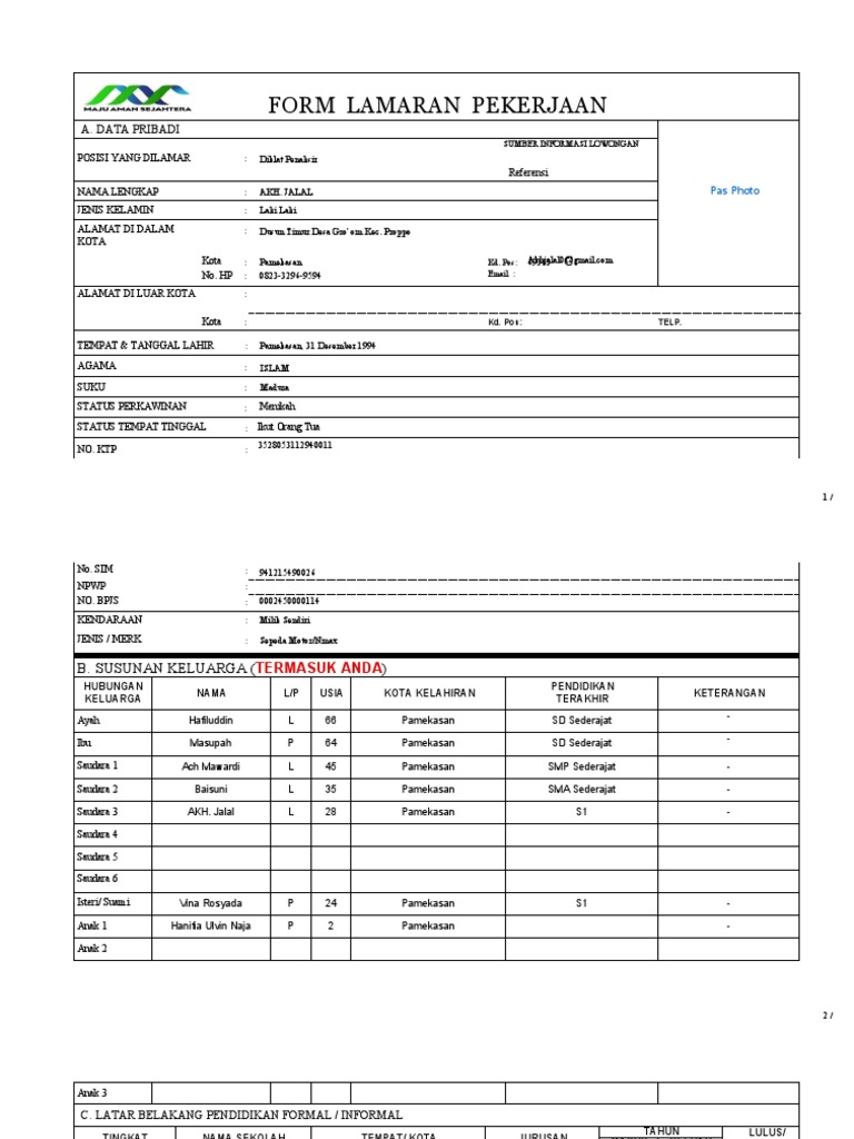 HRD - Form Aplikasi Lamaran Kerja PT Maju Aman Sejahtera (1) .XLSX ...