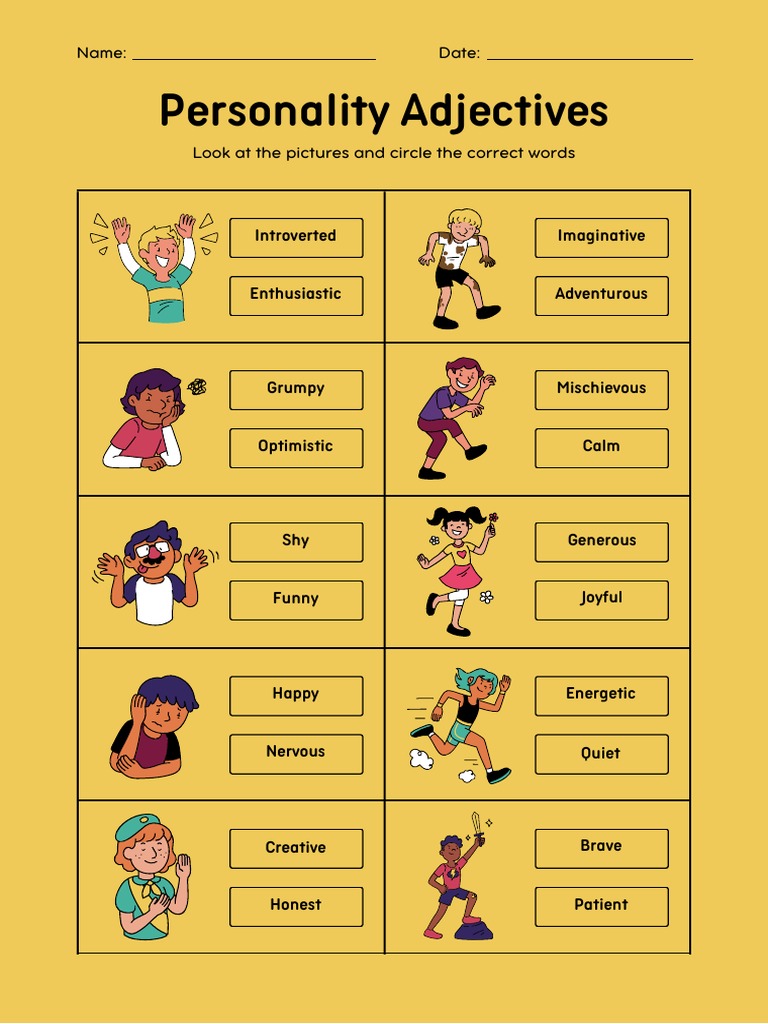 White Colorful Illustrative Personality Adjectives Vocabulary Worksheet ...