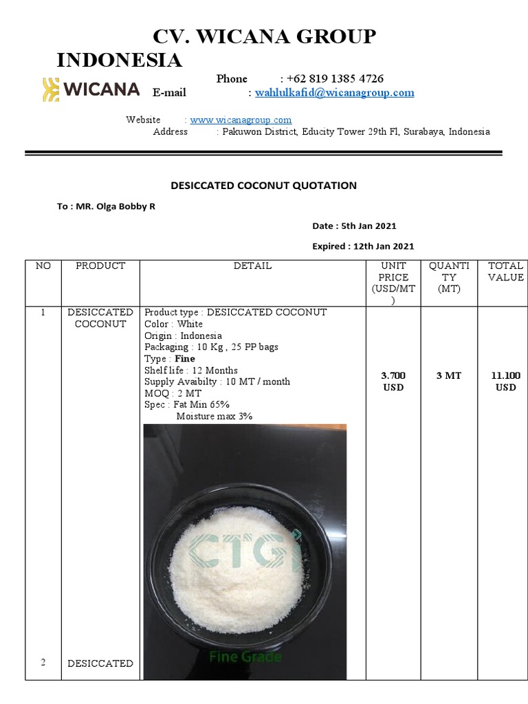 Desiccated Coconut Quotation | PDF