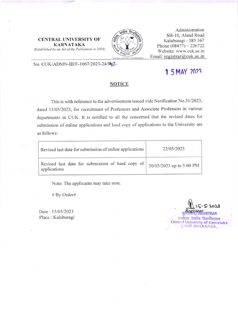 CUK Faculty Application Deadlines | PDF