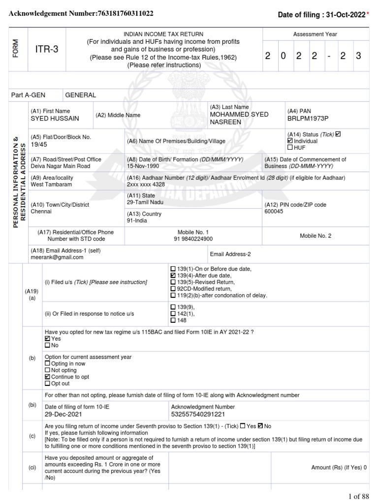 ITR-3 Income Tax Return for AY 2022-23 | PDF | Taxes | Revenue