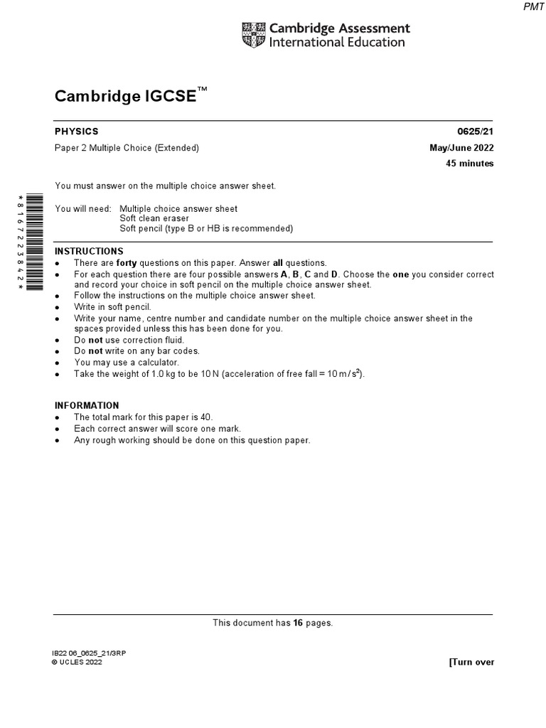 June 2022 (v1) QP - Paper 2 CAIE Physics IGCSE | PDF
