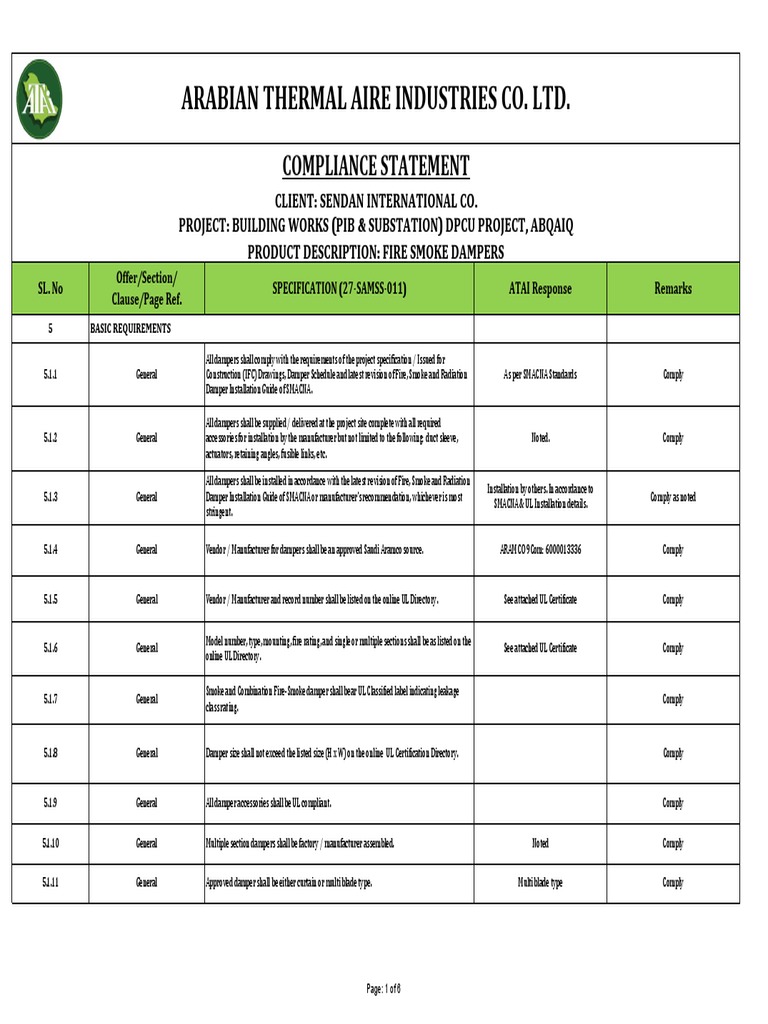 ATAI Compliance Statement FSD 27-SAMSS-011 | PDF | Duct (Flow) | Fuse ...