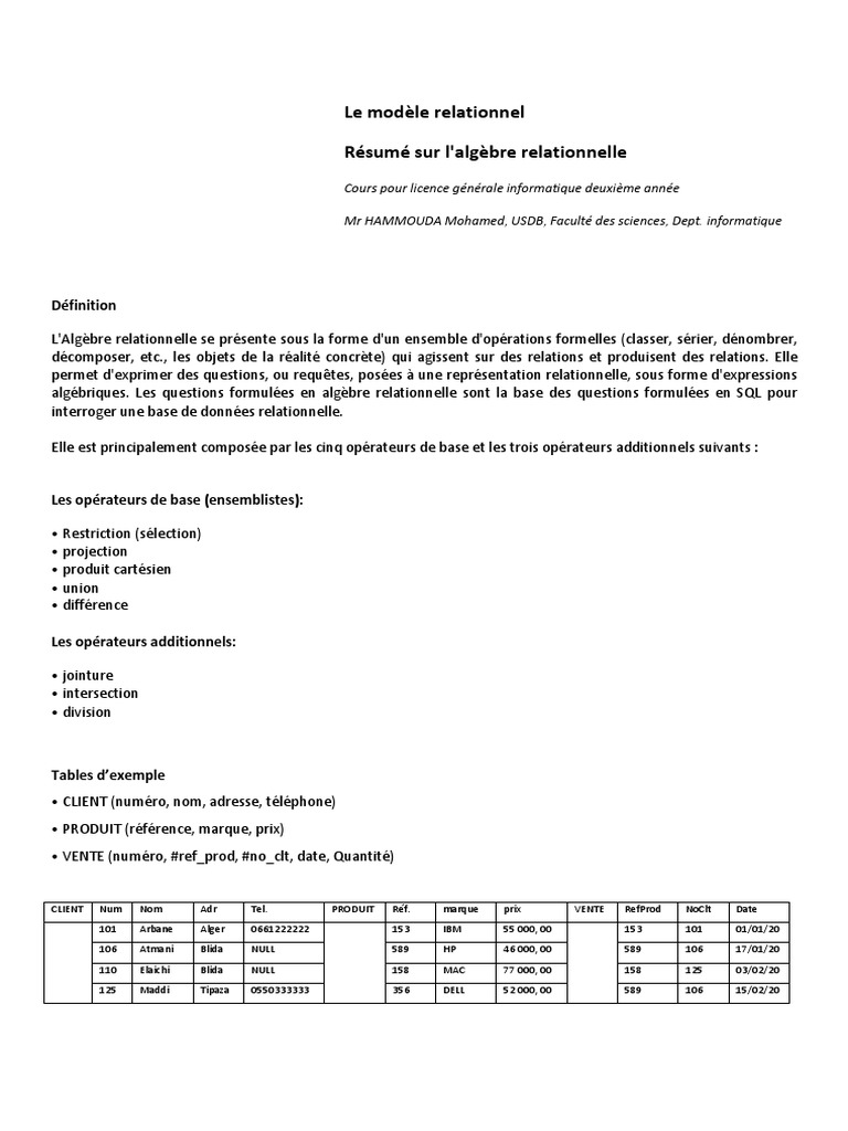 Algèbre Relationnelle | PDF | Base de données relationnelle | Logiciel de gestion des données