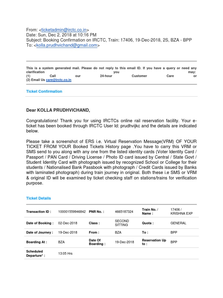 IRCTC Train Ticket Booking Confirmation | PDF | Identity Document ...