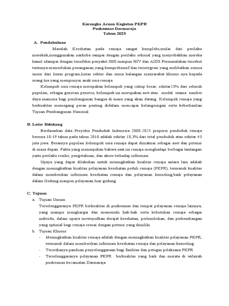Kerangka Acuan Kegiatan PKPR 2023 | PDF
