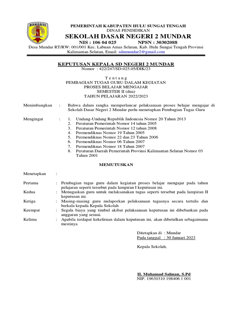 Pembagian Tugas Guru SDN 2 Mundar 2023 | PDF