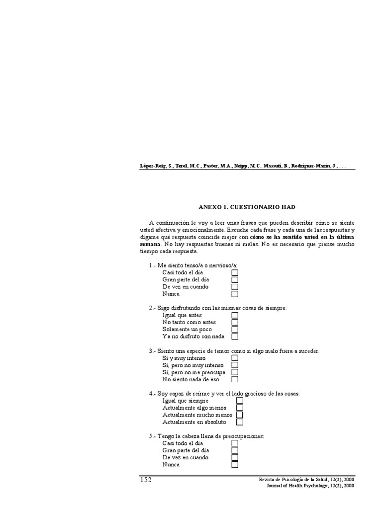 HAD Escala Hospitalaria de Ansiedad y Depresión | PDF