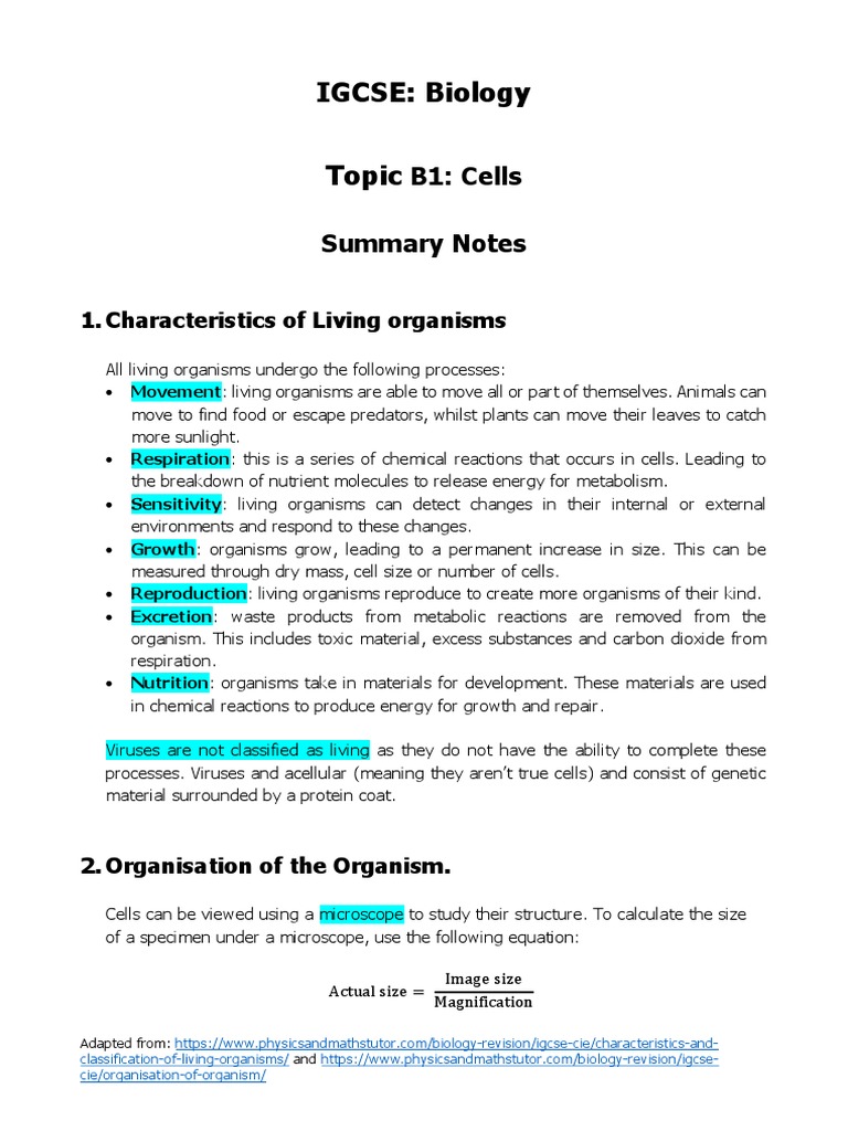 B1 Cells (Summary Notes) | PDF | Cell (Biology) | Organisms