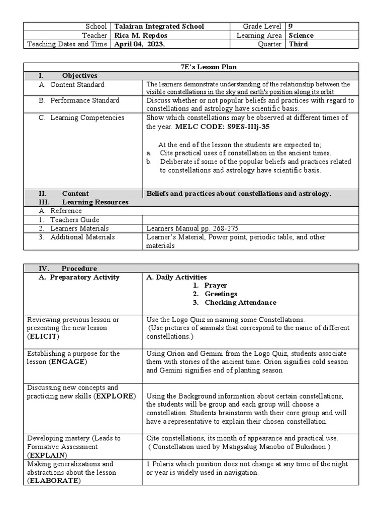 GRADE 9 Lesson Plan | PDF | Learning | Educational Assessment