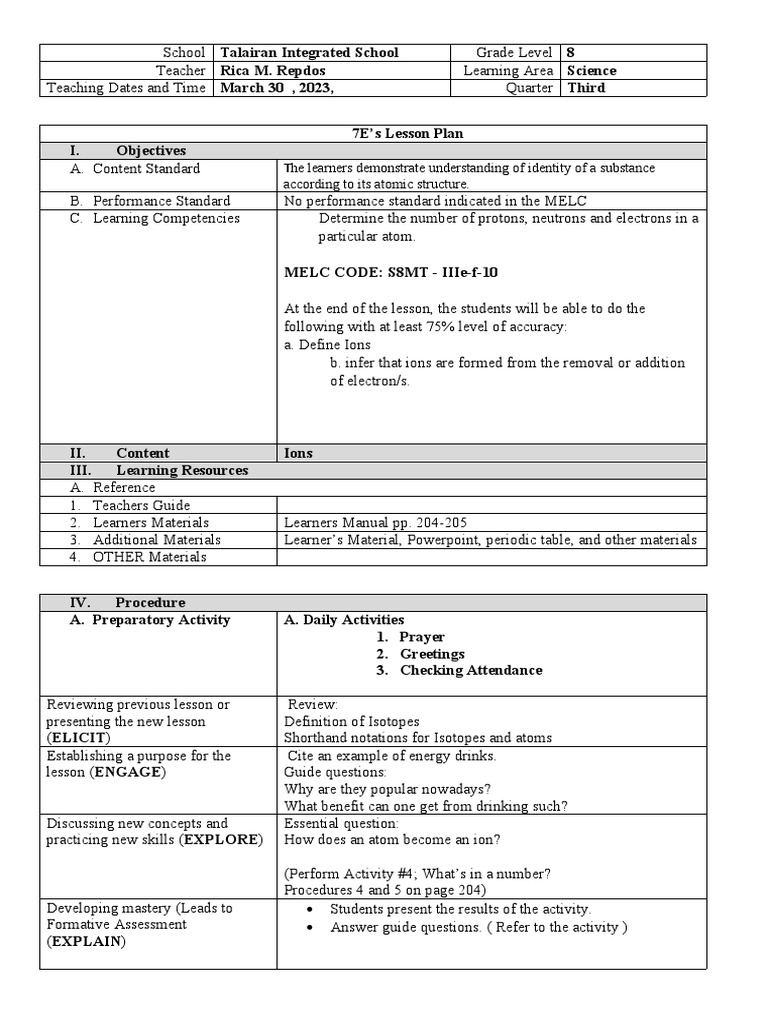 Lesson Plan 9 | PDF | Learning | Atoms