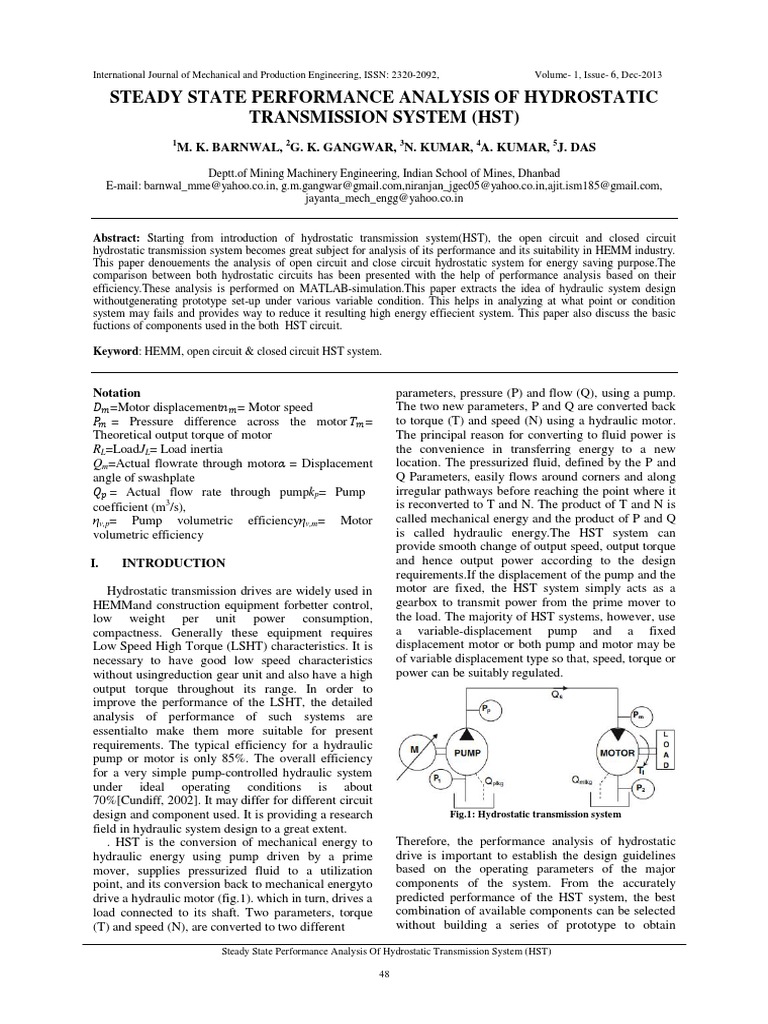 Steady State Performance Analysis of Hydrostatic Transmission System ...