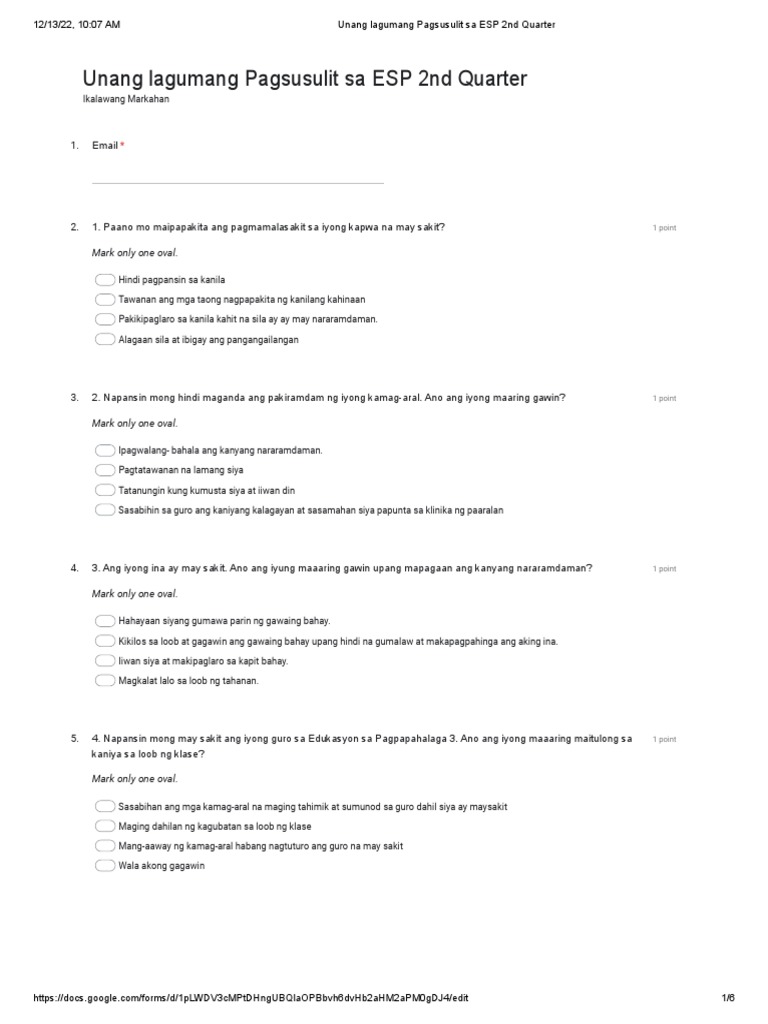 GARNET - Unang Lagumang Pagsusulit Sa ESP - Google Forms | PDF