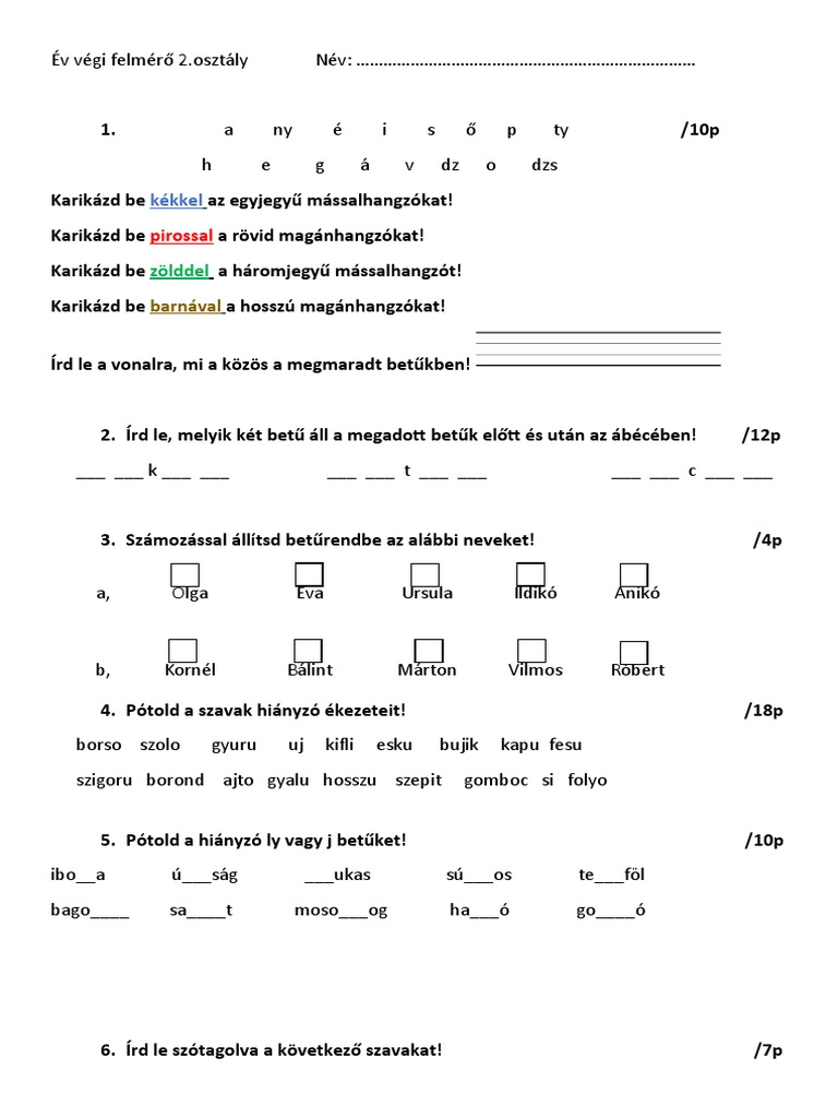 Év Végi Felmérő 2. o Nyelvtan | PDF
