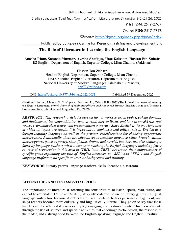 Literature's Role in English Learning | PDF