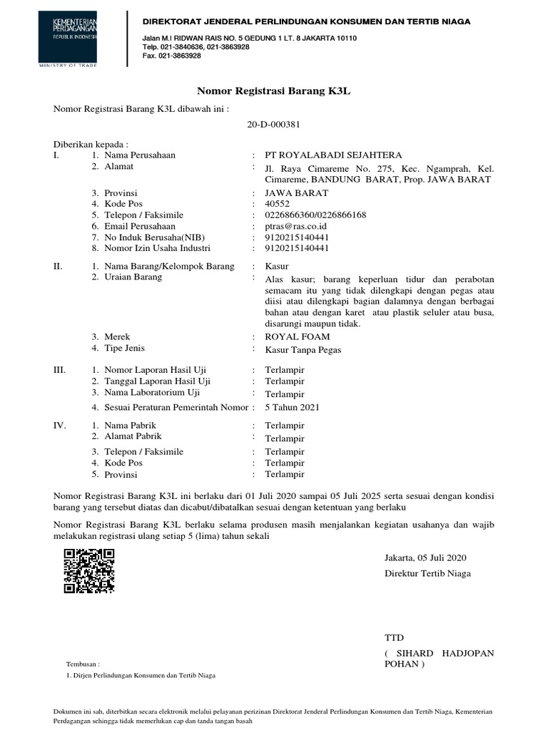 Registrasi K3L PT Royalabadi | PDF