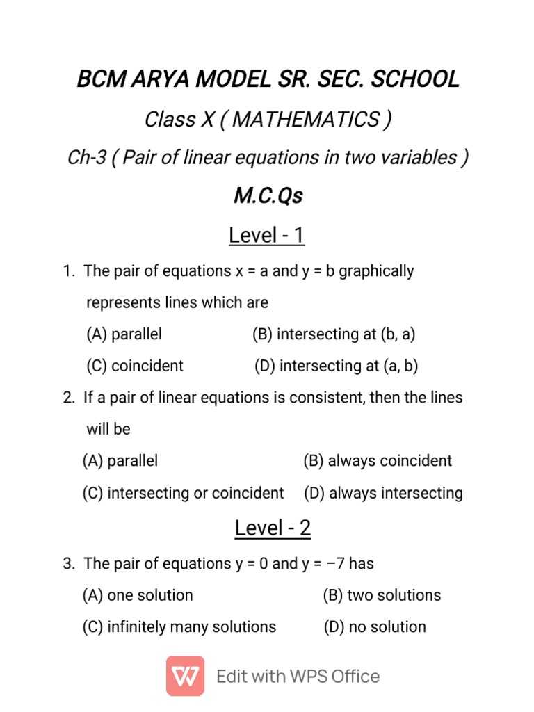 Linear Equation ch3 Class 10 Worksheet | PDF | Equations | System Of Linear Equations