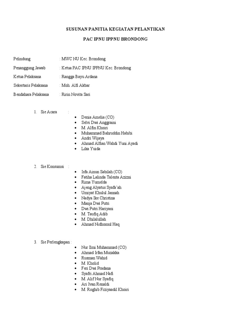 Susunan Panitia Kegiatan Pelantikan | PDF