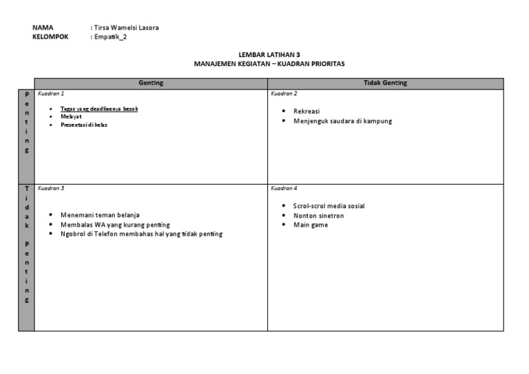 Lembar Latihan 3 - Kuadran Prioritas | PDF