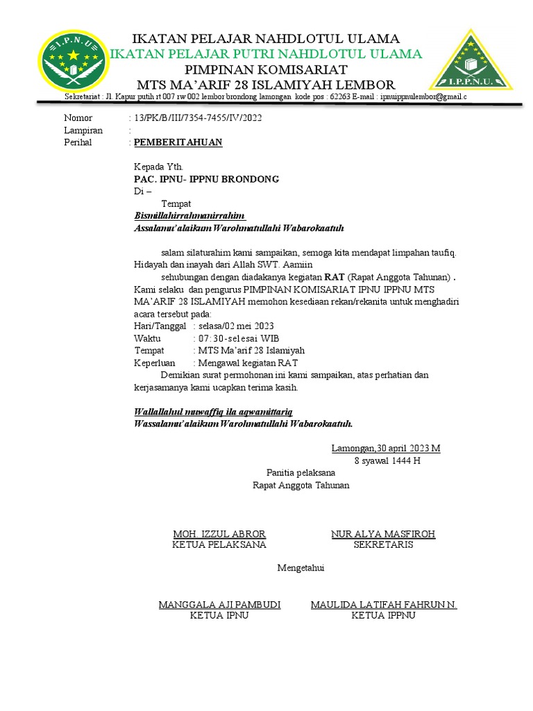 Surat Pemberitahuan Rat Mts | PDF