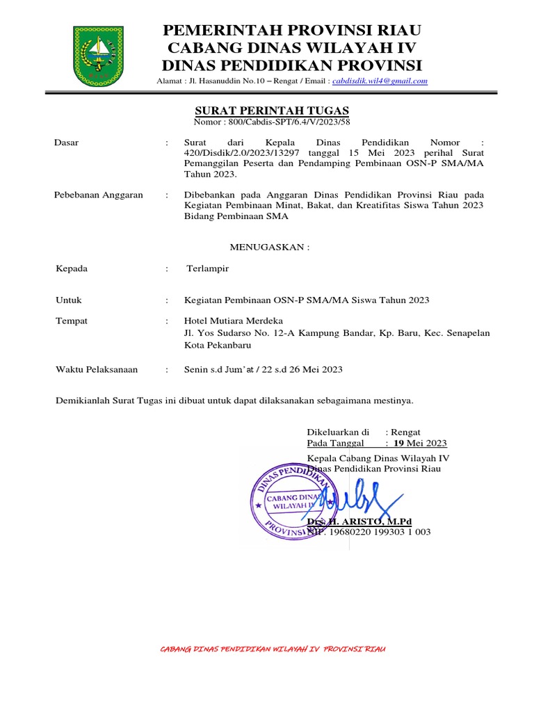 SPT Pendamping Dan Peserta OSN-P WIL IV Ok | PDF