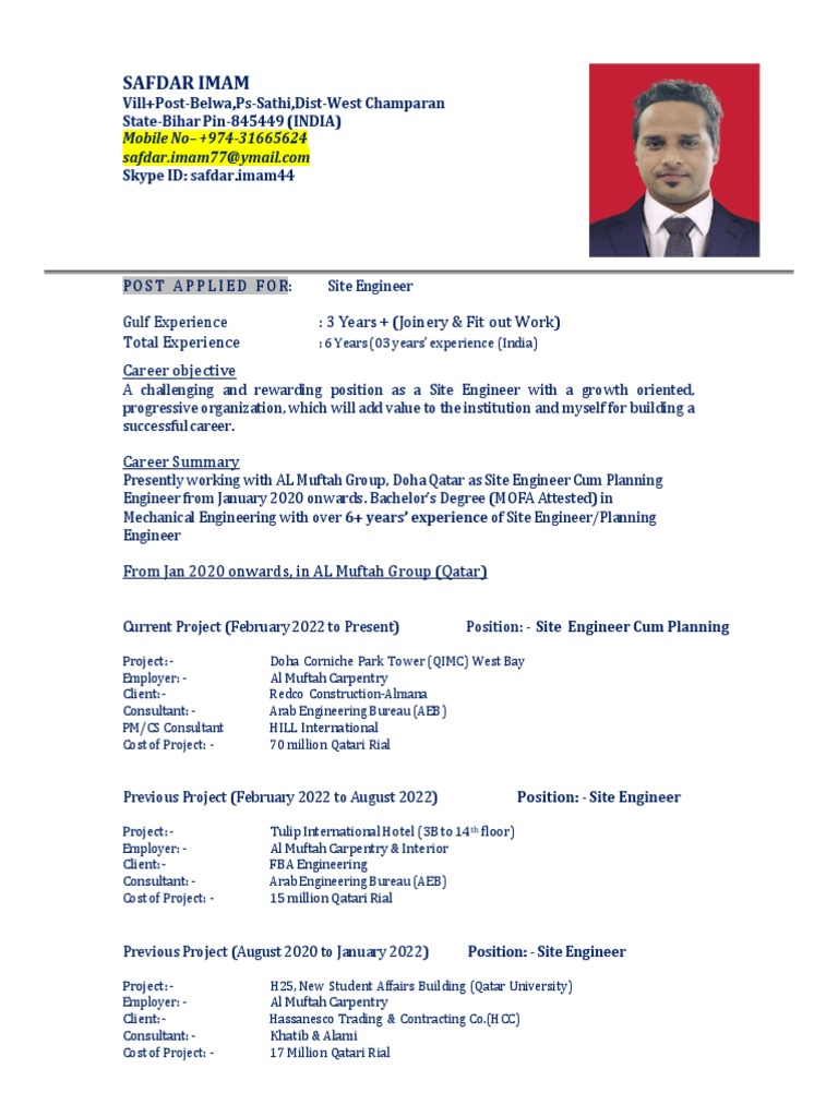 Site Engineer | PDF | Qatar | Doha